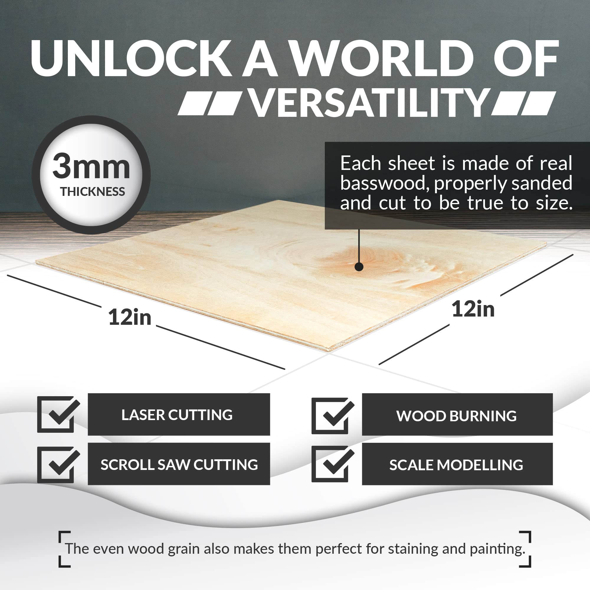 Basswood Sheets for Crafts - 10 Pack - 12 x 12 x 1/8 Inch - 3mm Thick Plywood Sheets with Smooth Surfaces - Bass Wood for Laser Cutting, Wood Burning, Architectural Models, Staining, Drawing