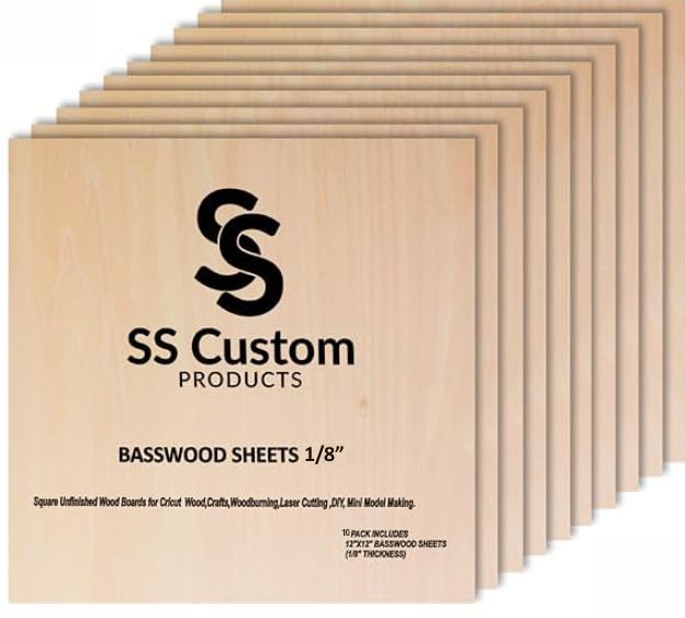 Basswood Sheets for Crafts - 10 Pack - 12 x 12 x 1/8 Inch - 3mm Thick Plywood Sheets with Smooth Surfaces - Bass Wood for Laser Cutting, Wood Burning, Architectural Models, Staining, Drawing
