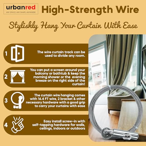 UrbanRed Stainless Steel 16.4 FT (5m) Curtain Wire Rod Set - Curtain Wire Hanging System, Versatile Art Display, Photo Hanging - Wall Mount Clothesline for Windows with Tension Wire Design