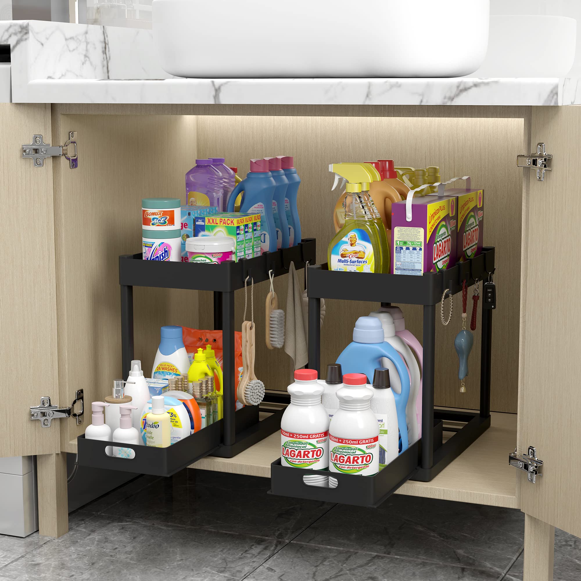 2pcs Under Sink Organizer Kitchen Bathroom Storage Cabinet 2 tier Sliding Drawer Counter Organization Shelf Storage Drawers Rack with Pull Out Basket and Hooks Black