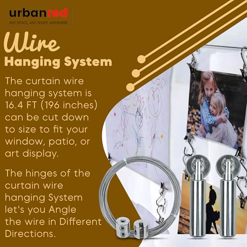 UrbanRed Stainless Steel 16.4 FT (5m) Curtain Wire Rod Set - Curtain Wire Hanging System, Versatile Art Display, Photo Hanging - Wall Mount Clothesline for Windows with Tension Wire Design