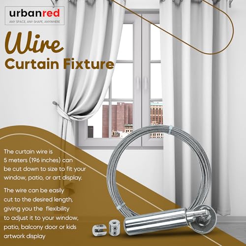 UrbanRed Stainless Steel 16.4 FT (5m) Curtain Wire Rod Set - Curtain Wire Hanging System, Versatile Art Display, Photo Hanging - Wall Mount Clothesline for Windows with Tension Wire Design