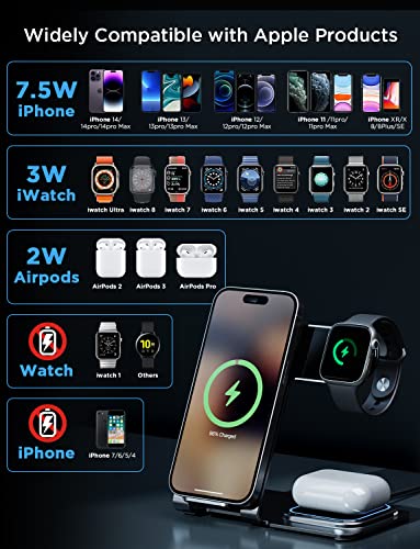 Wireless Charger, 3 in 1 Wireless Charger Station Anchorock Fast Charging Stand Charging Dock for iPhone 14/13/12/11/Pro/Max/XS/XR/X/8/Plus/Apple Watch 7/6/5/4/3/2/SE/AirPods 3/2/Pro, More QI Devices