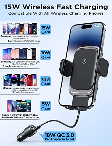 Wireless Car Charger Mount, 15W Full Auto-Clamping Fast Charging Air Vent Dash Windshield Phone Car Holder for iPhone 14 Pro/13 Pro/ 12/11/Xr/8, Samsung S23/S22/S21/Note 20(with QC 3.0 Car Charger)