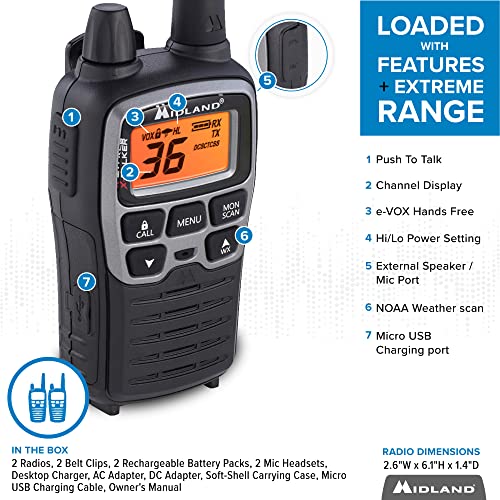 Midland - X-TALKER T77VP5, 36 Channel FRS Two-Way Radio - Up to 38 Mile Range Walkie Talkie, 121 Privacy Codes, and NOAA Weather Scan + Alert (Includes a Carrying Case and Headsets) (Black/Silver)
