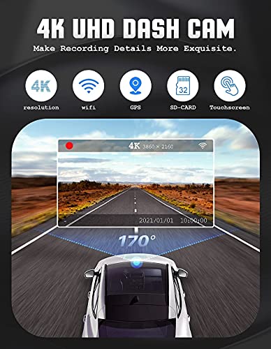 iiwey S3- Upgraded 4K Dash Cam Built with WiFi GPS UHD 2160P Dashboard Camera Recorder, 3" IPS Touchscreen, 170° Wide Angle, WDR, Night Vision, SD Card Included