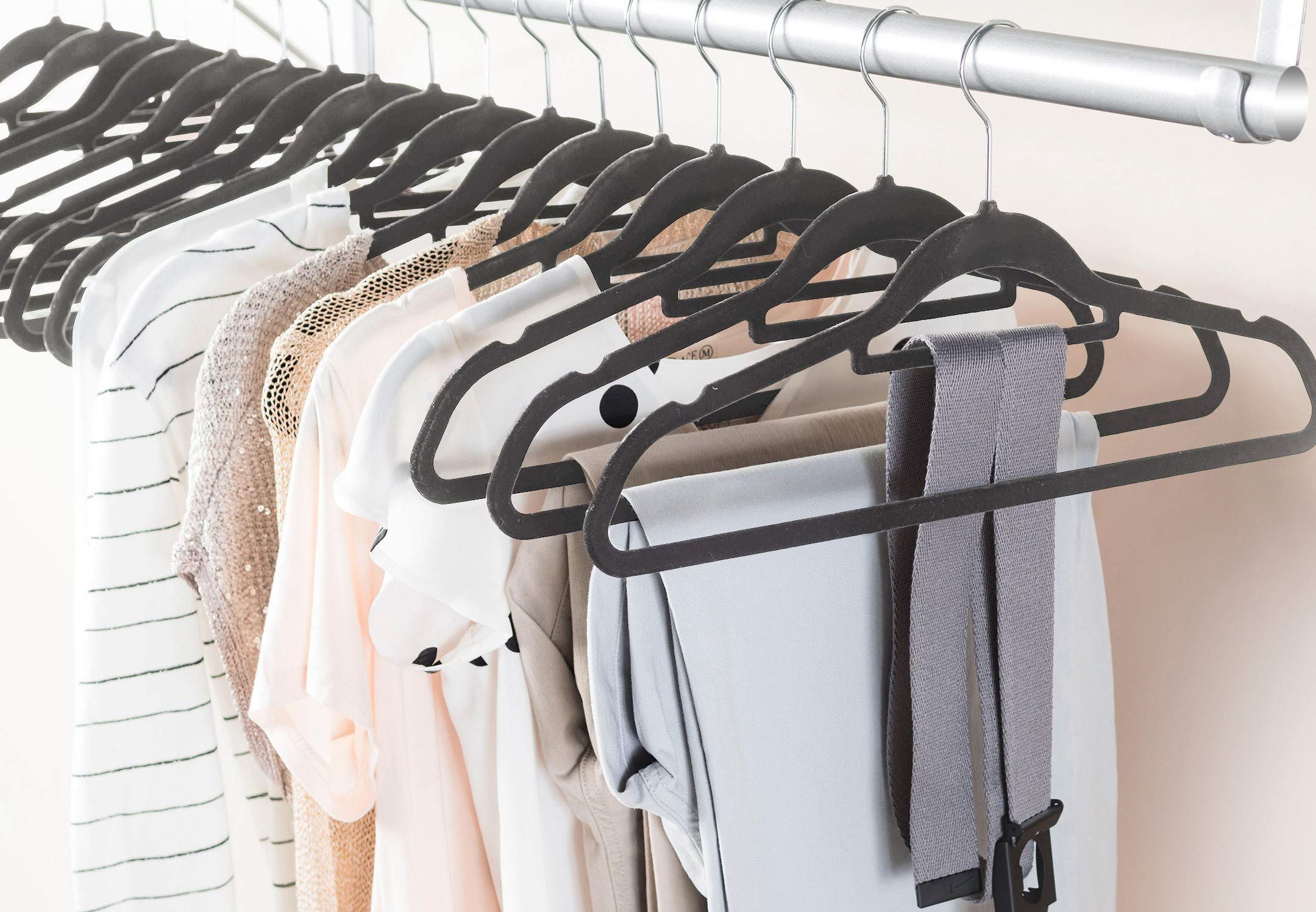 Zober Velvet Hangers 20 Pack - Clothes Hanger W/Tie Bar - Non-Slip, Swivel Hook, Slim Felt Hangers - Suits, Clothes, Pants, Coat Hanger - Gray