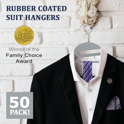 Flysums Plastic Hangers, 50 Pack Coat Hangers Rubber Coated Clothes Hangers with Non-Slip Design, Ultra Slim & Heavy Duty Suit Hangers, Space Saving Hangers for Closet (Gray- S Shaped)