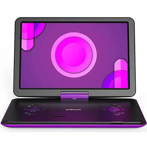 𝐢𝐞𝐆𝐞𝐞𝐤 16.9'' Portable DVD Player with 14.1'' Swivel Screen, 6 Hrs Rechargeable Battery, Car DVD Player, Sync TV, Region Free, Support USB/SD Card, High Volume Speaker, Remote Control, Purple