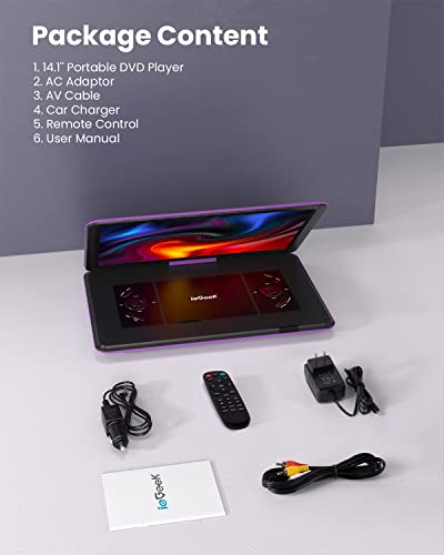 π’πππππ€ 16.9'' Portable DVD Player with 14.1'' Swivel Screen, 6 Hrs Rechargeable Battery, Car DVD Player, Sync TV, Region Free, Support USB/SD Card, High Volume Speaker, Remote Control, Purple