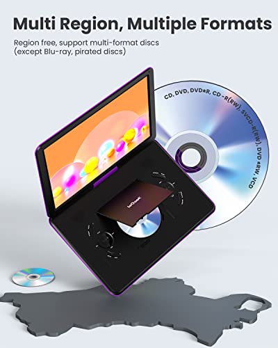 π’πππππ€ 16.9'' Portable DVD Player with 14.1'' Swivel Screen, 6 Hrs Rechargeable Battery, Car DVD Player, Sync TV, Region Free, Support USB/SD Card, High Volume Speaker, Remote Control, Purple