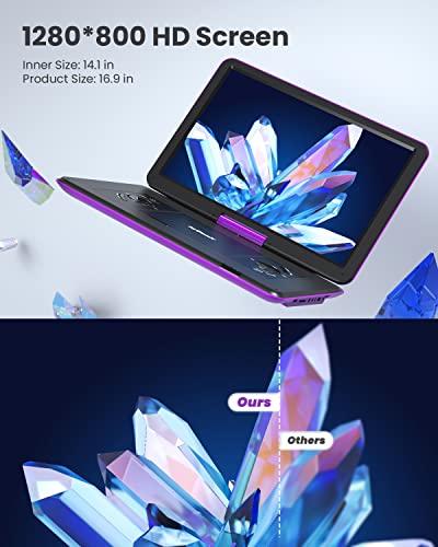 π’πππππ€ 16.9'' Portable DVD Player with 14.1'' Swivel Screen, 6 Hrs Rechargeable Battery, Car DVD Player, Sync TV, Region Free, Support USB/SD Card, High Volume Speaker, Remote Control, Purple