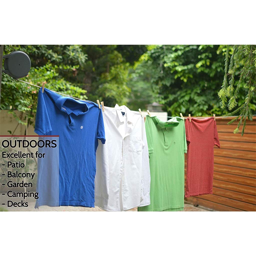 Retractable Clothesline - Portable Heavy Duty Indoor and Outdoor Single Clothes Drying Rack - 40 Feet PVC Retracting Clothes Line with Wall Mount Hang The Wet Dry Clothing Laundry