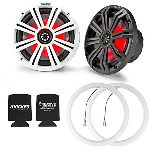 Kicker 45KM84L LED 8 Marine Coax with Charcoal and White Grills with a Pair of 47KLSR8 8 Inch Led Lighted Speaker Ring