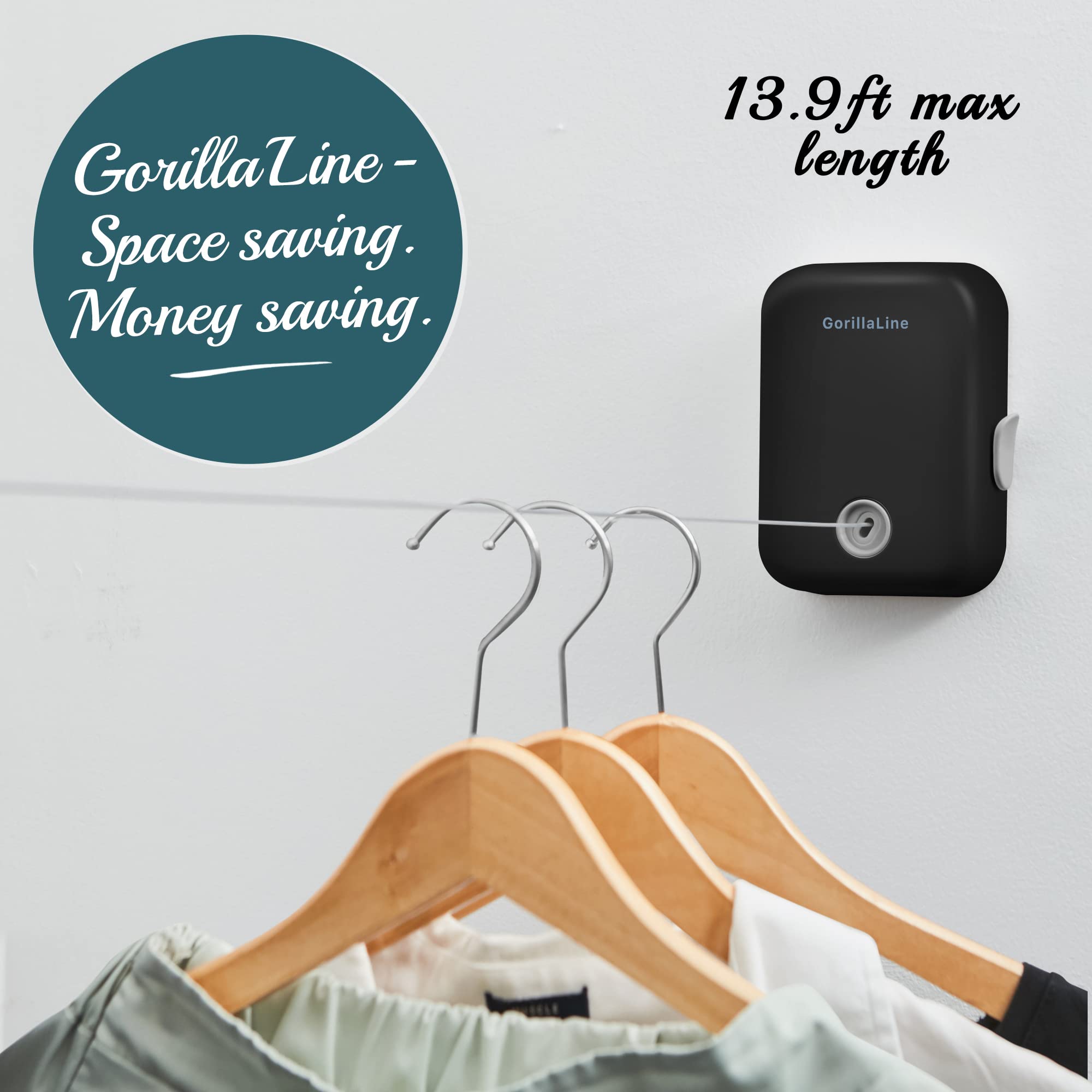 GorillaLine - Retractable Clothesline Indoor Outdoor Clothes Line | Heavy Duty Clothes Drying Laundry Line | Wall Mounted Drying Rack Clothing Line | Retracting Hanging | Lock to Prevent Sagging