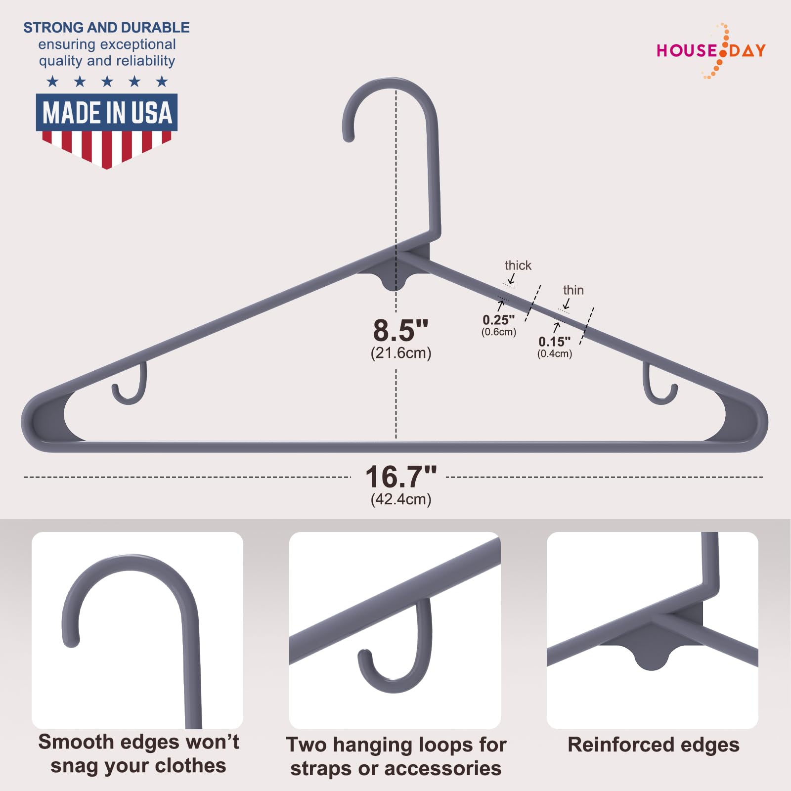 HOUSE DAY Plastic Hangers Grey 60 Pack Durable & Space Saving Clothes Hangers Bulk Suit & Coat Hangers with Non-Slip Hook Closet Hangers Lightweight Hangers for Clothing, Shirts, Pants, Dresses