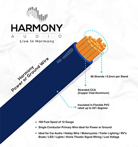 Harmony Audio HA-PW12BLUE Primary Single Conductor 12 Gauge Blue Power or Ground Wire Roll 100 Feet Cable for Car Audio/Trailer/Model Train/Remote