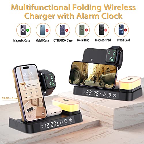 5 in 1 Foldable Wireless Charger Charging Station Alarm Clock & Night Light with Watch Charger Cable & Adapter for iWacth AirPods iPhone 14/13/12/11/Pro etc