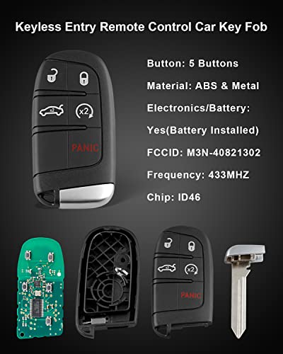 CAUORMOTE Keyless Entry Remote Control Car Key Fob for Dodge Dart Charger Challenger Chrysler 300, 5 Buttons Key Fob Replacement FCC ID M3N-40821302, Pack of 2