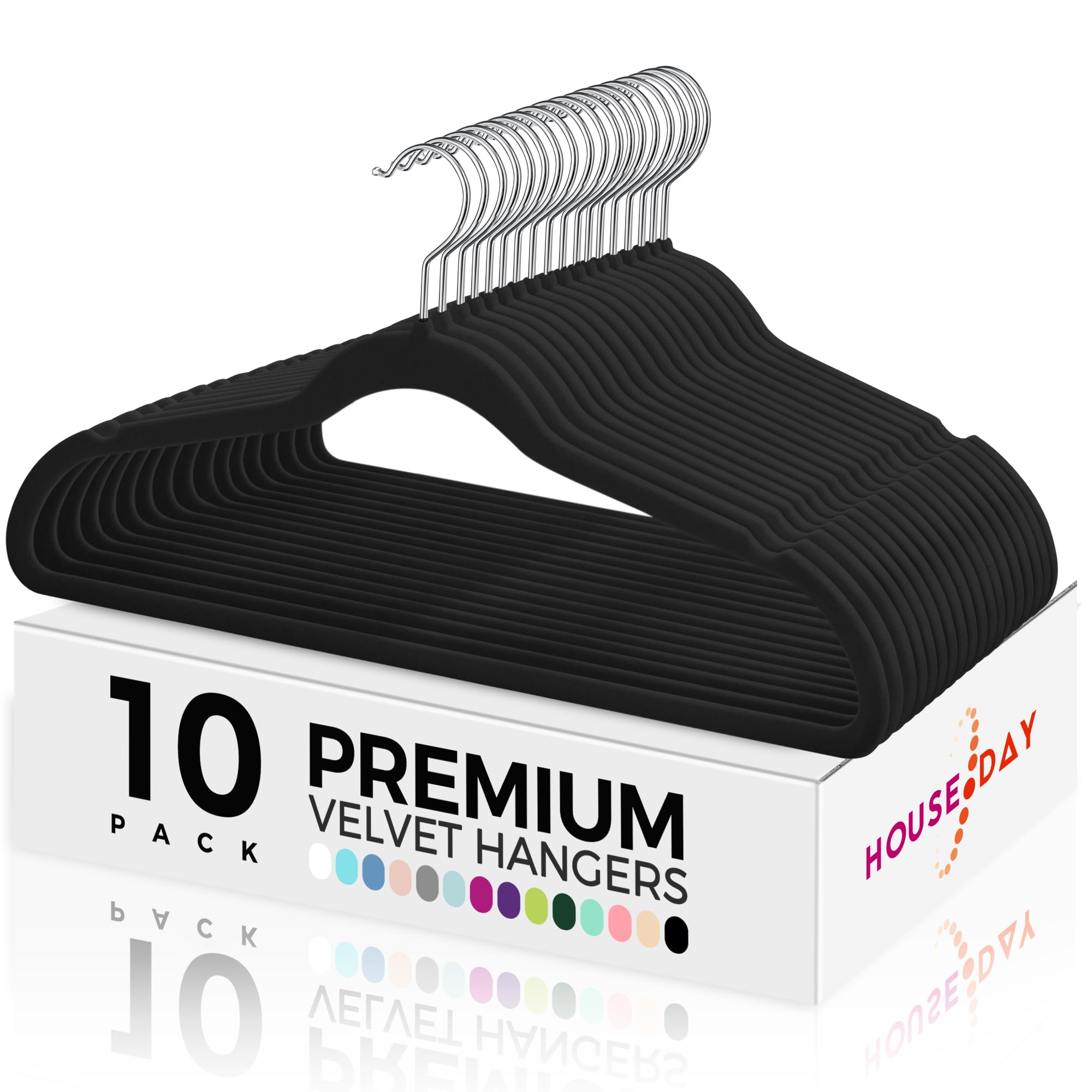 HOUSE DAY Premium Velvet Clothes Hangers Non-Slip Flocked Felt Hangers Heavy Duty Durable Coat and Suit Hangers | Vibrant Color Hangers | Lightweight Space Saving Hangers (10 Pack, Black)