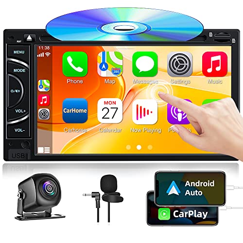 Double Din Car Stereo Radio with CD/DVD Player, Backup Camera, Bluetooth 5.2, CarPlay Android Auto Voice Control, 7inch Touchscreen Head Unite with AM FM Radio, Mirror Link, DSP, SWC, A/V Input