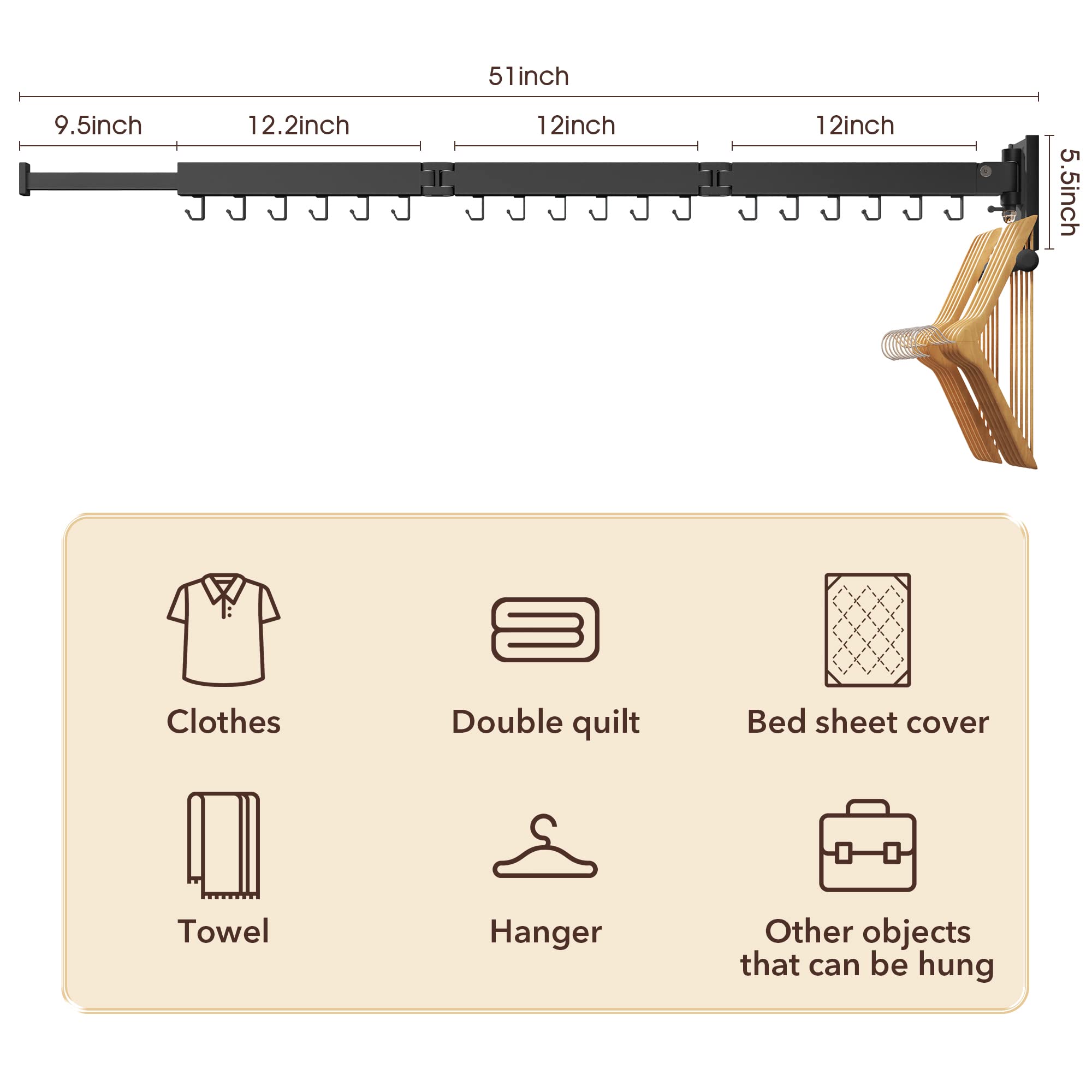 ZdwCyl Wall Mounted Clothes Hanger,Clothes Drying Rack,Laundry Drying Rack,Drying Rack Clothing,Laundry Hanger Rack,Retractable Dryer Racks,Collapsible, Aluminum,can be Fold Upward & Left & Right