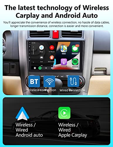 Car Stereo for Honda CRV 2007 2008 2009 2010 2011 with Wireless Apple Carplay, 9 Inch Touch Screen Android Car Radio with Backup Camera and External Microphone Support GPS Navigation, Mirror Link