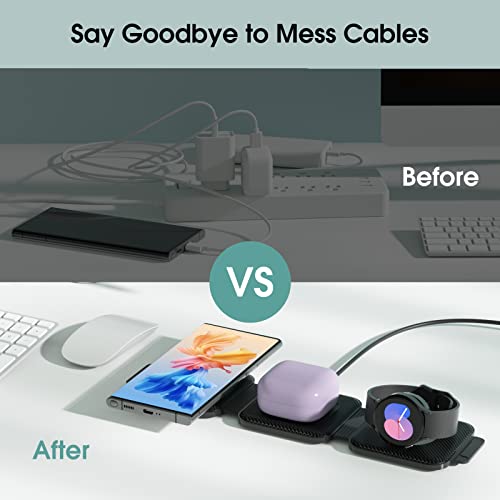 Folding Wireless Charger for Samsung, 3 in 1 Travel Charging Pad Compatible with Samsung Galaxy Z Flip 4/ S23/22/21/20/10/9/8/7 Note 20/10/9/8/7/6/5, Galaxy Watch 5/4/3/Active 2/1/LTE, Buds 2/Pro/Live