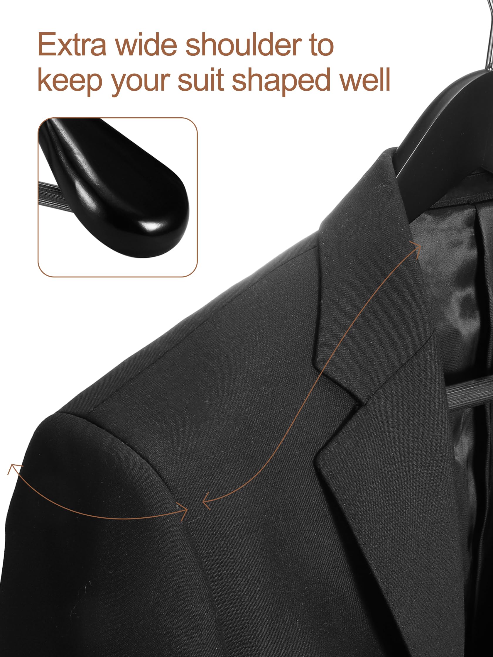 HOUSE DAY High-Grade Suit Hangers, Wide Shoulder Wooden Hangers with Non Slip Pants Bar, Smooth Finish 360° Swivel Hook Solid Wood Coat Hangers for Dress, Jacket, Heavy Clothes Hanger 6 Pack (Black)