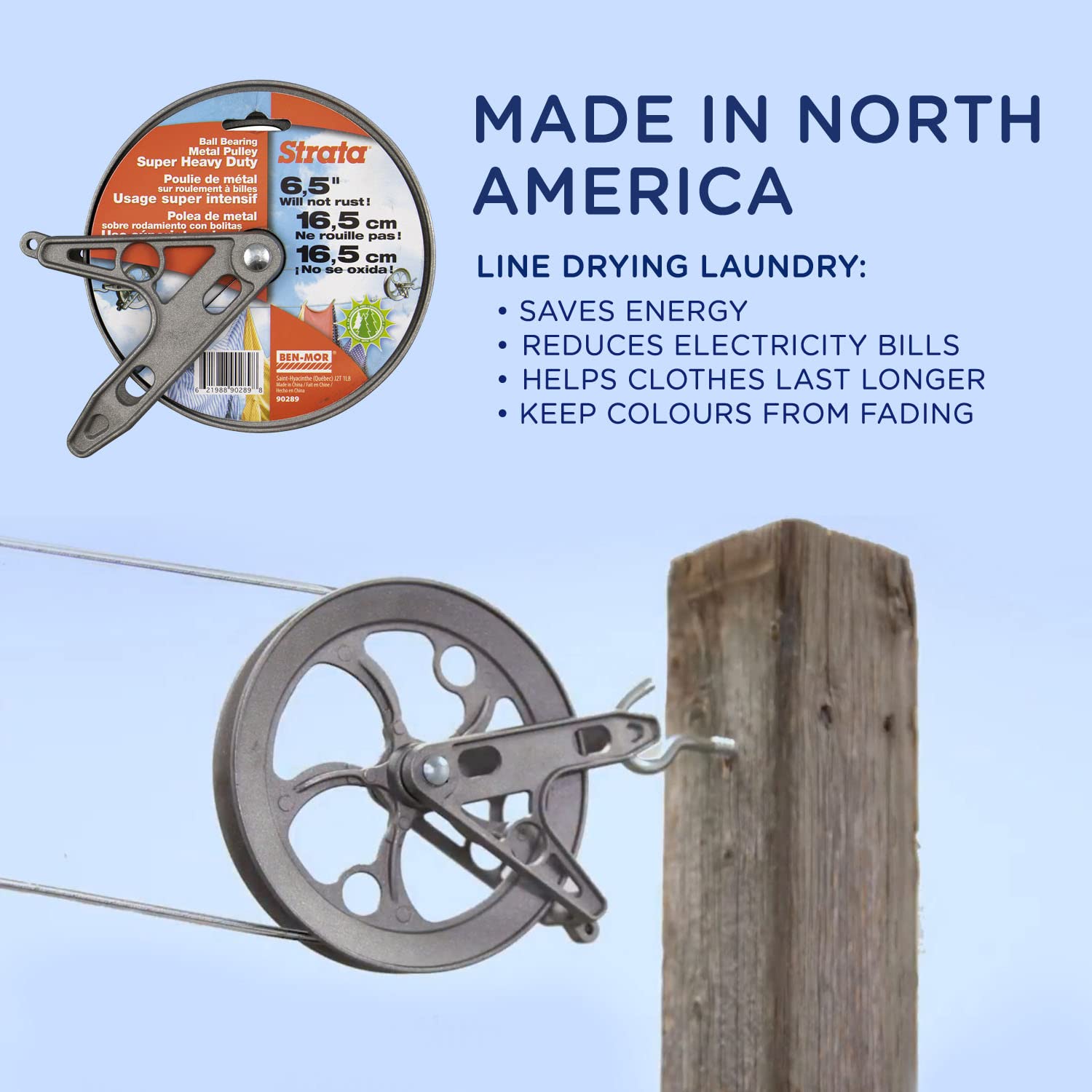Ben-Mor Strata Outdoor Clothesline Pulley Ball Bearing Style - 6.5” Heavy Duty Metal, Rustproof Silver Pulley for Clothes Line Outdoors, Outdoor Laundry Line Pulley for Clothes,Coats, Blankets(1 unit)
