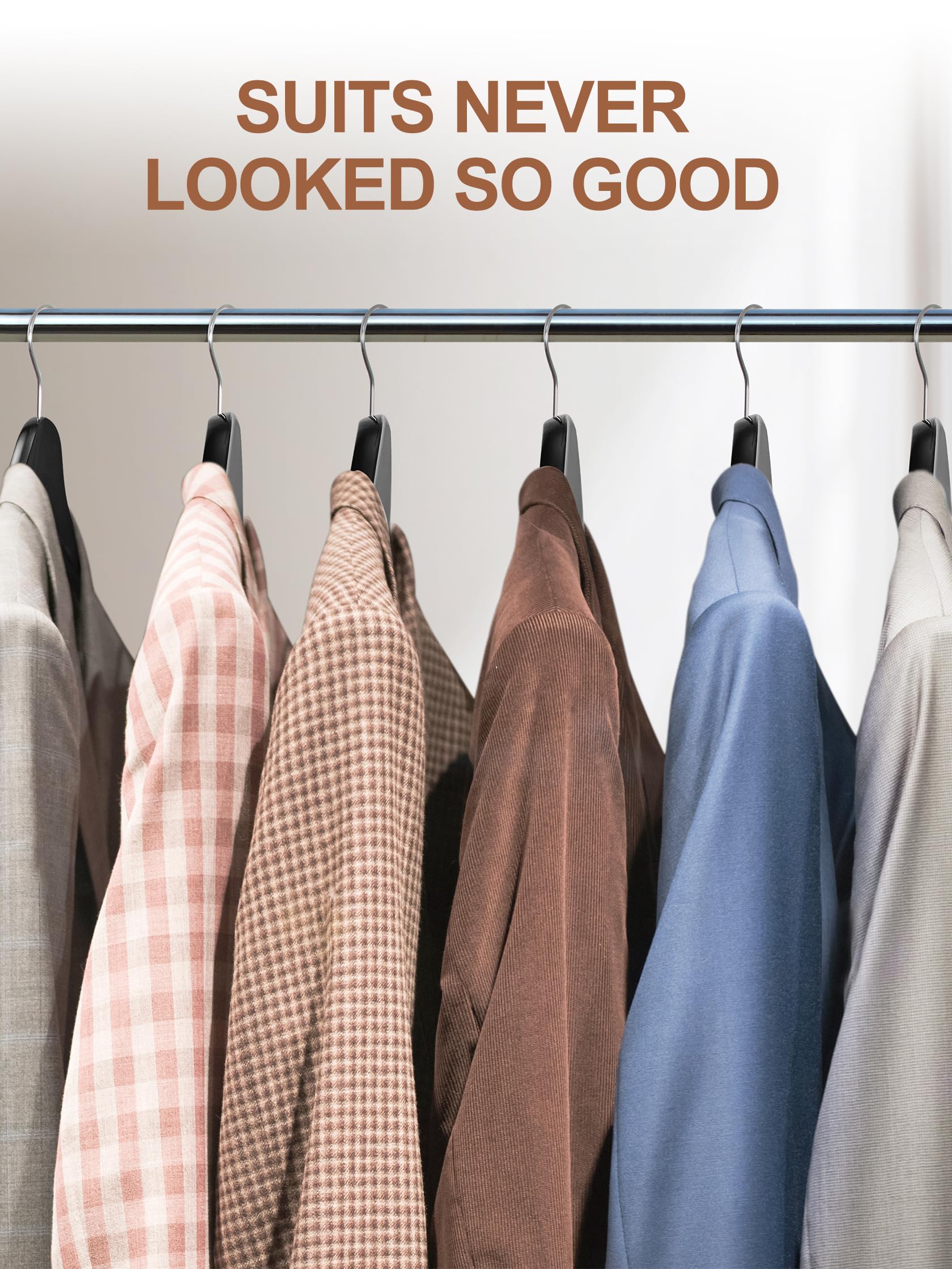 HOUSE DAY High-Grade Suit Hangers, Wide Shoulder Wooden Hangers with Non Slip Pants Bar, Smooth Finish 360° Swivel Hook Solid Wood Coat Hangers for Dress, Jacket, Heavy Clothes Hanger 6 Pack (Black)