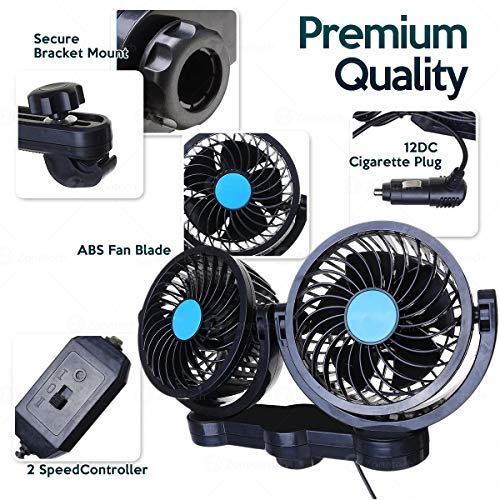 Car Cooling Air Fan 12V- Zone Tech 12V Dual Head Car Auto Electric Cooling Air Fan for Rear Seat - Powerful Quiet 2 Speed 360 Degree Rotatable 12V Ventilation Rear Seat with Kids Safe Design
