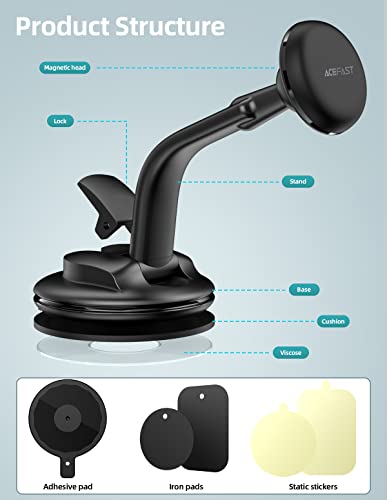 ACEFAST Magnetic Phone Car Mount, Universal Phone Car Holder Low Installation Height Built-in Four N52 Super Strong Magnets Large Sticky Base Suction Cup Dashboard Windshield Flexible Installation