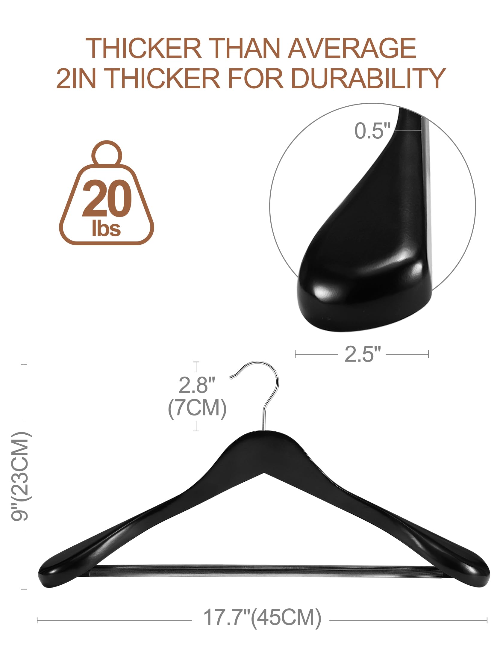 HOUSE DAY High-Grade Suit Hangers, Wide Shoulder Wooden Hangers with Non Slip Pants Bar, Smooth Finish 360° Swivel Hook Solid Wood Coat Hangers for Dress, Jacket, Heavy Clothes Hanger 6 Pack (Black)