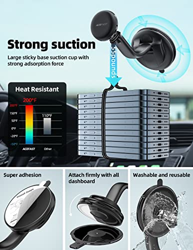 ACEFAST Magnetic Phone Car Mount, Universal Phone Car Holder Low Installation Height Built-in Four N52 Super Strong Magnets Large Sticky Base Suction Cup Dashboard Windshield Flexible Installation