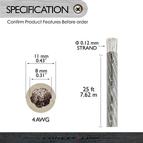 Conext Link 25 FT 4 AWG GA Full Gauge Battery Power Cable Ground Wire Clear Silver OFC Copper