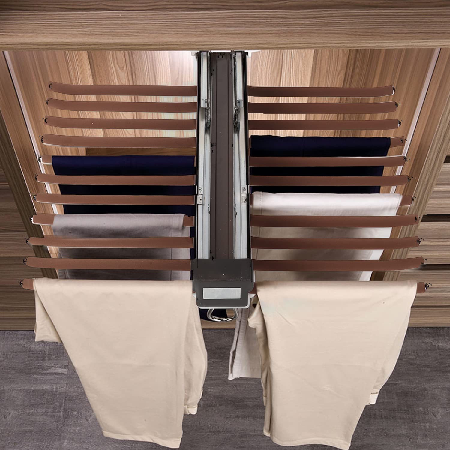 MYOYAY Pull Out Trousers Rack 22 Arms Steel Pull Out Pants Rack Pants Hanger Bar Clothes Organizers for Closet for Space Saving and Storage Maximum Load 33lbs Beige 23.4x18x5.7inch