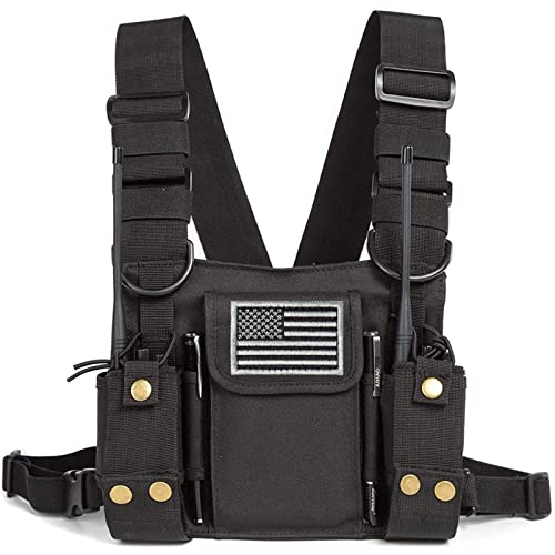 Radio Shoulder Holster Chest Harness Holder Vest Rig for Two Way Radio Chest Front Pack Pouch Walkie Talkie Case with Front Pouches for Kenwood Arcshell Retevis Baofeng UV-5R F8HP UV-82 888S (Black)