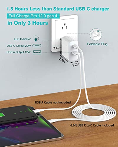 32W 2 Port with 20W USB C Fast Charger Compatible with iPad Pro 12.9 Gen 5/4/3 2021/2020/2018, Pro 11 Gen 3/2/1, New Mini 6, Air 4, Pixel 5 4 3 2 XL 3/4A 2/3/4XL,6.6ft 3A USB C to C Cord