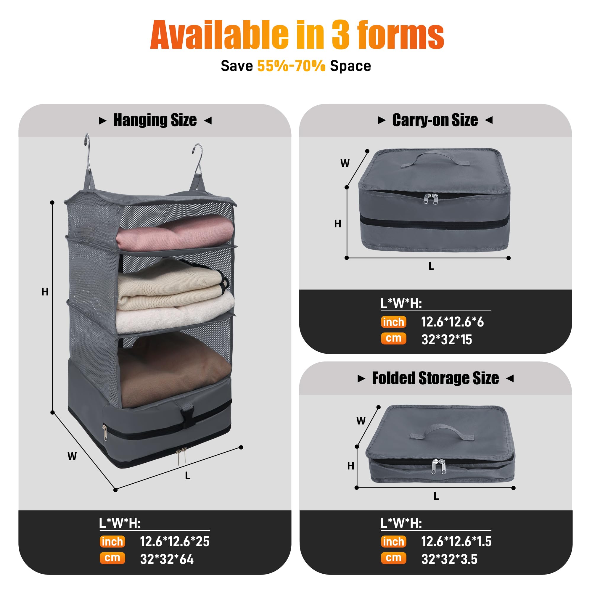 Lilyfantasy Portable Hanging Travel Shelves Bag, Travel Packing Cube Organizer, Large Capacity Carry-On Closet, Foldable Suitcase Storage with 4 Compartments (Grey)