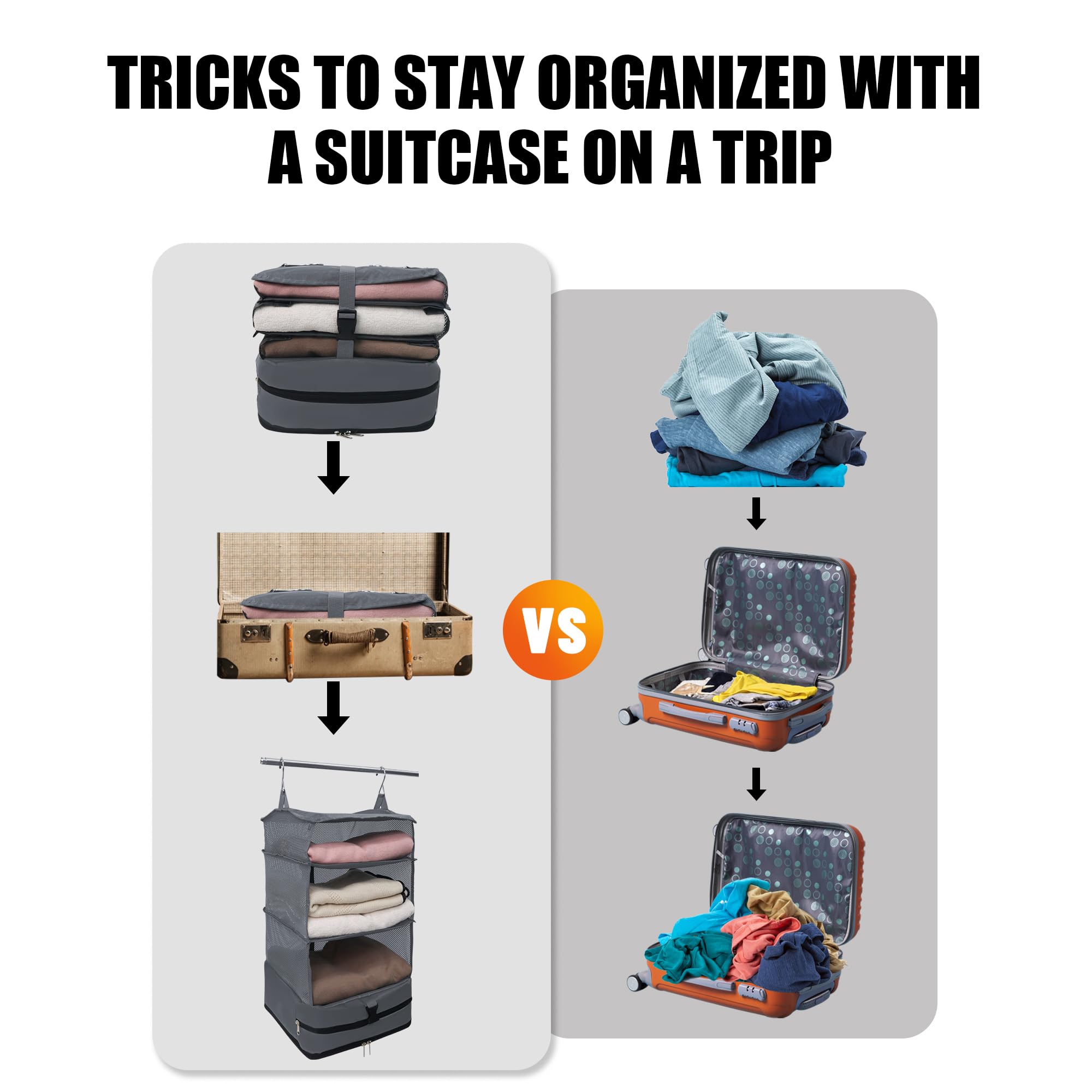 Lilyfantasy Portable Hanging Travel Shelves Bag, Travel Packing Cube Organizer, Large Capacity Carry-On Closet, Foldable Suitcase Storage with 4 Compartments (Grey)