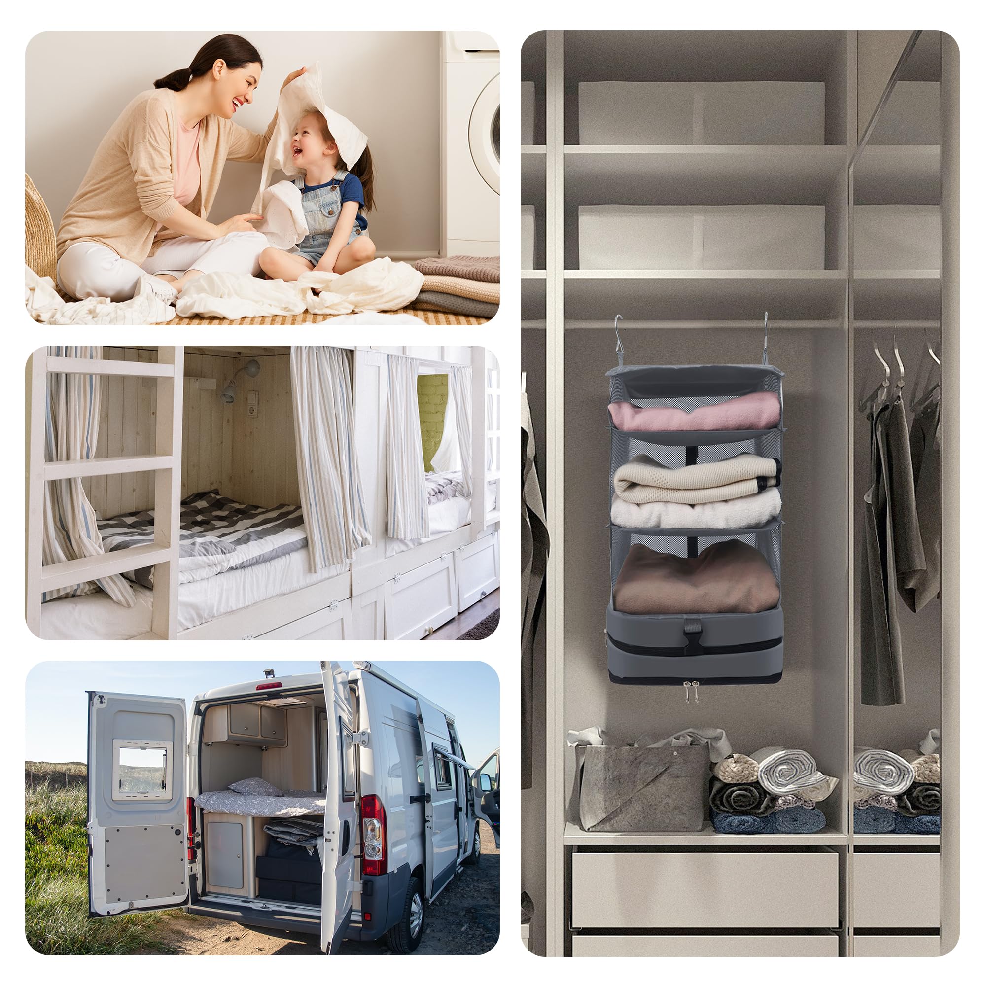 Lilyfantasy Portable Hanging Travel Shelves Bag, Travel Packing Cube Organizer, Large Capacity Carry-On Closet, Foldable Suitcase Storage with 4 Compartments (Grey)