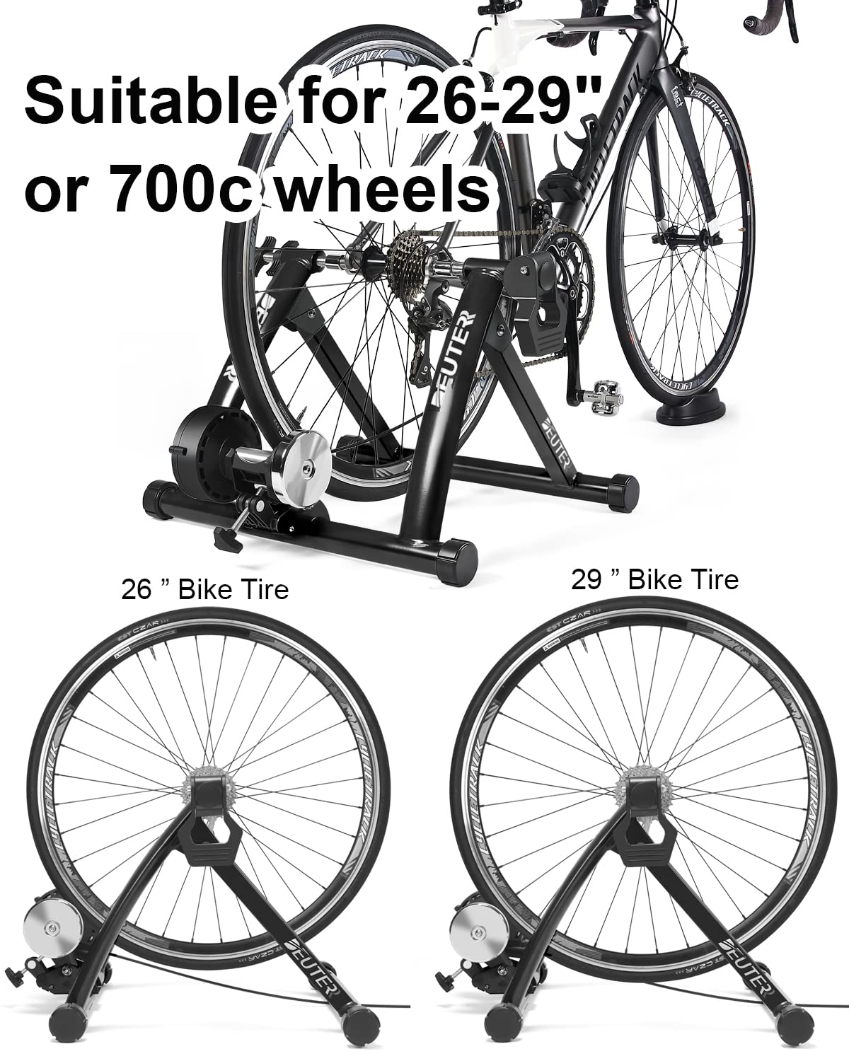 Bike Trainer, Magnetic Bicycle Stationary Stand for Indoor Exercise Riding, 26-29" & 700C Wheels, Quick Release Skewer & Front Wheel Riser Block Included