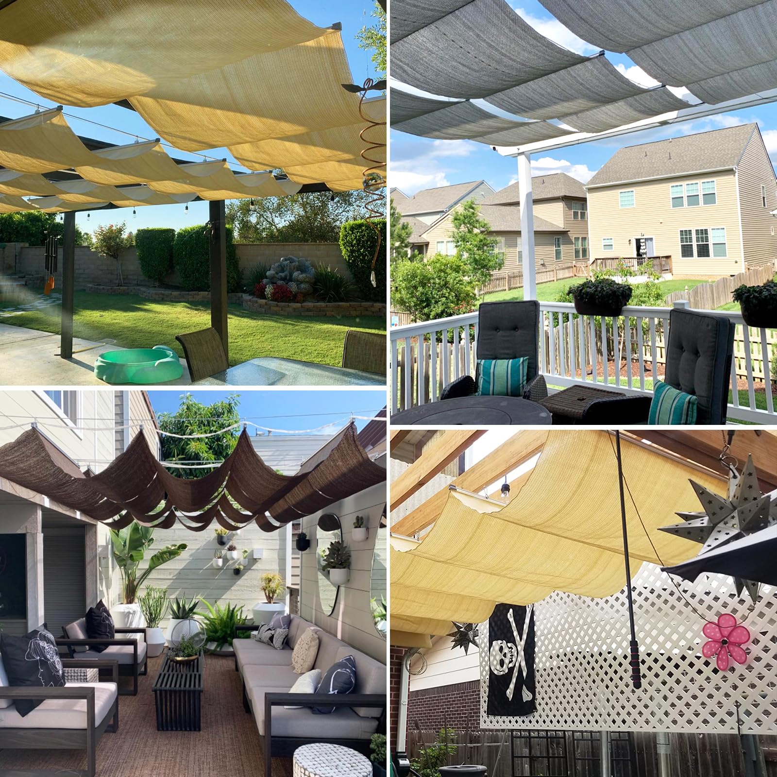 TANG 4' X 12' Retractable Pergola Shade Cover Replacement Shade Covers for Deck Porch Patio Permeable Wave Shade Sail Removable with Hardware Wire Cable(Beige)
