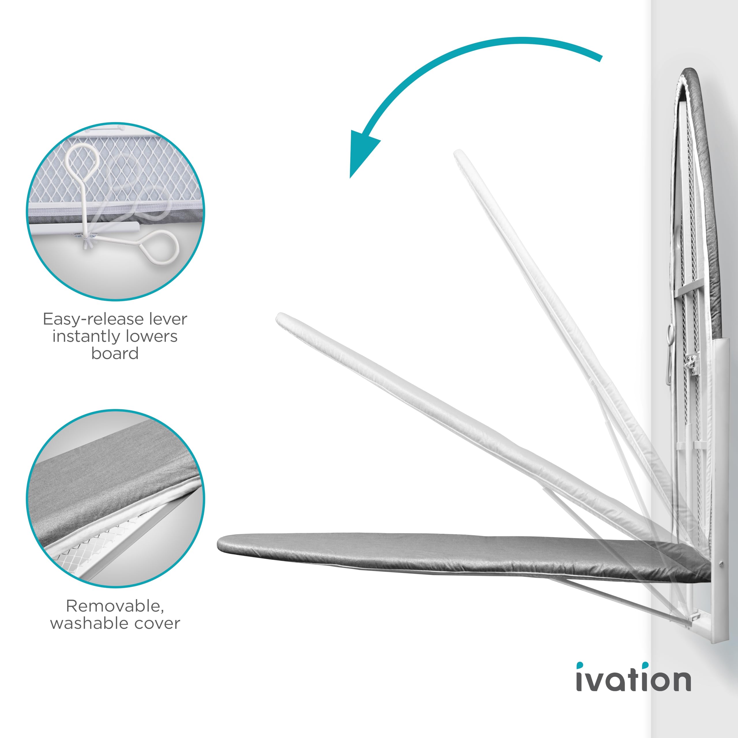 Ivation Wall-Mounted Ironing Board | Foldable 36.2β x 12.2β Ironing Station for Home, Apartment & Small Spaces | Sturdy Folding Board, Easy-Release Lever, Removable Cotton Cover & Mounting Hardware