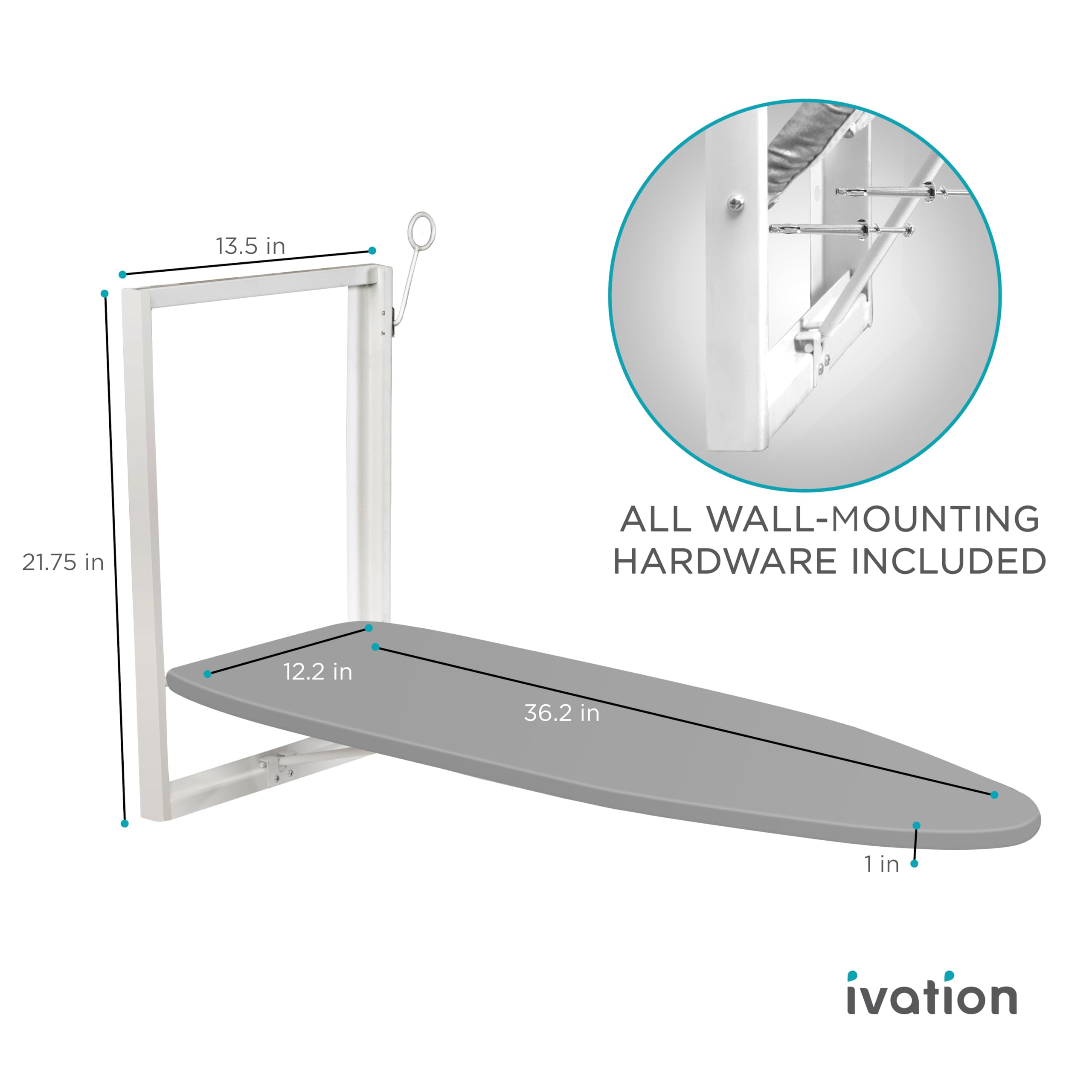 Ivation Wall-Mounted Ironing Board | Foldable 36.2β x 12.2β Ironing Station for Home, Apartment & Small Spaces | Sturdy Folding Board, Easy-Release Lever, Removable Cotton Cover & Mounting Hardware