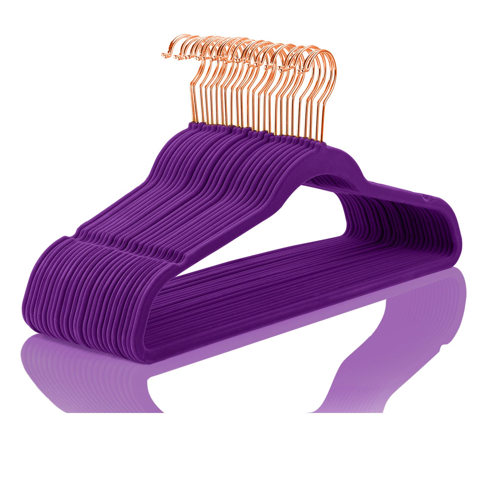 MIZGI Premium Velvet Hangers (50 Pack) Heavy Duty - Non Slip Felt Hangers - Velvet Suit Hangers Dark Purple - Rose Gold Hooks,Space Saving Clothes Hangers