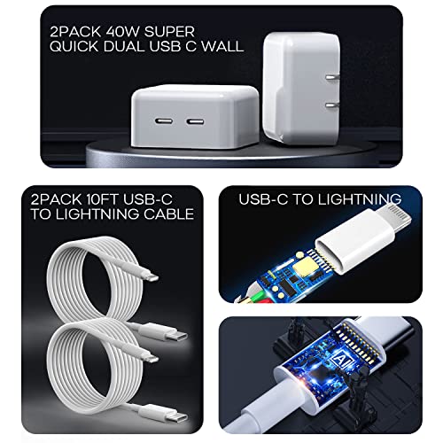 iPhone Charger Fast Charging, 40W Dual USB C Wall Charger [MFi Certified] 2Pack Super Quick Double Port Apple Charger with 10FT Long Lightning Cable for iPhone 14/14 Pro/14 Pro Max/14 Plus/13/12/11/X