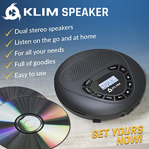 KLIM Speaker + Portable CD Player with Speakers + New 2022 + Walkman + Rechargeable Battery + Portable CD Player with Headphones + CD Player Portable + SD/TF Card + AUX + Ideal Car CD Player