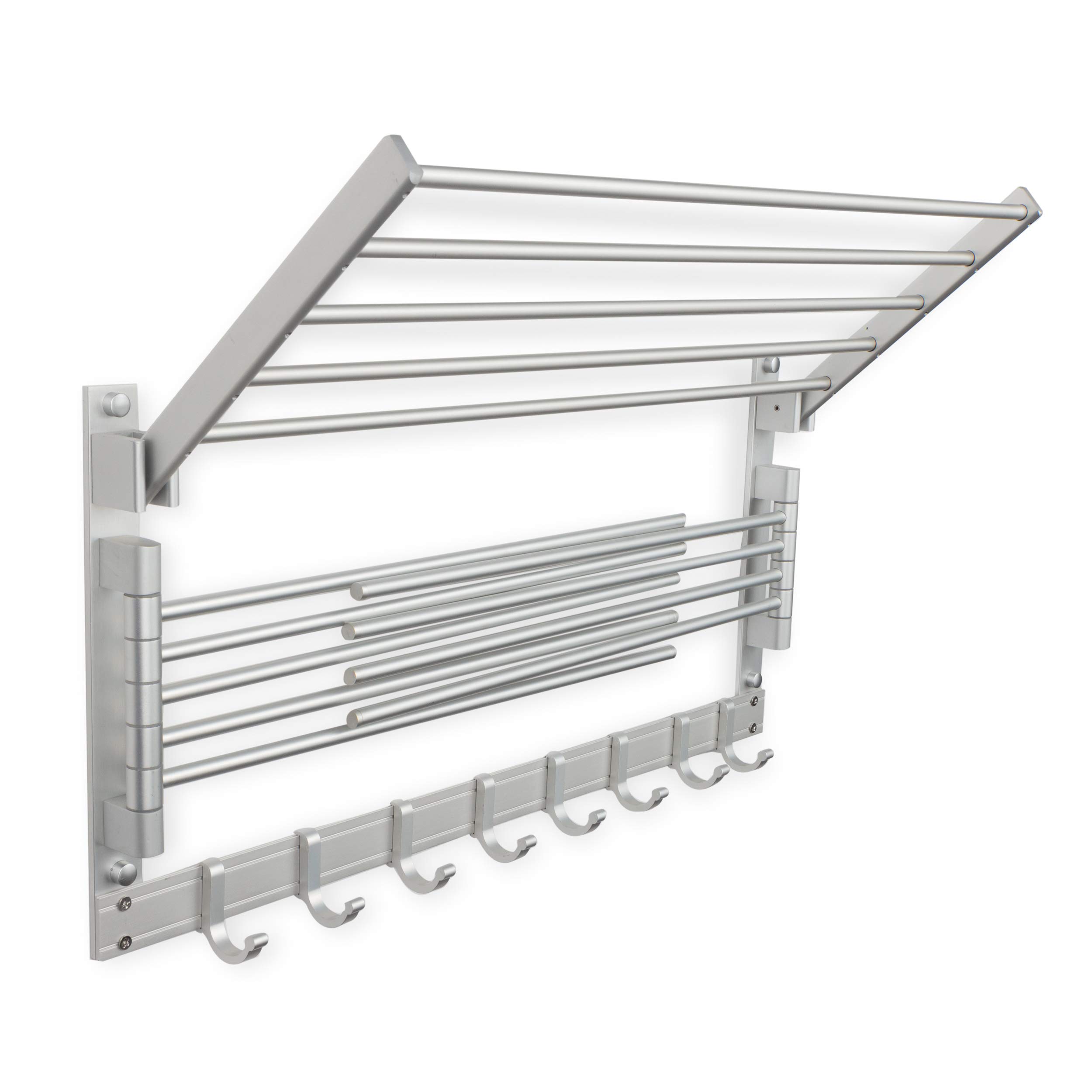 brightmaison BGT Wash Clothes Drying Rack Wall Mount Laundry Room Organizer with Hooks & Swing Arms, 24" Metal Laundry Rack Silver